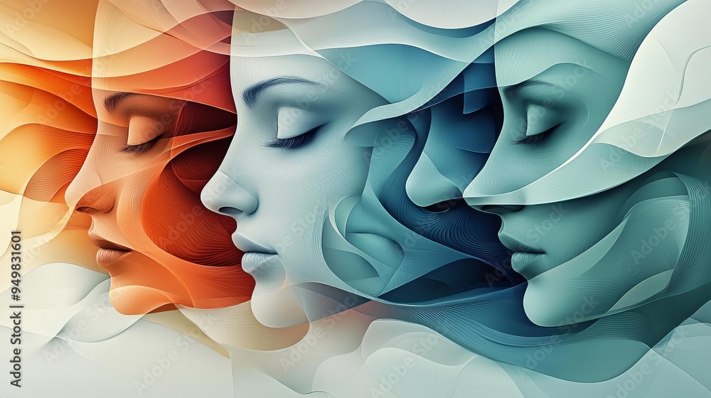 Abstract image of overlapping faces with various expressions, blending into one another ...