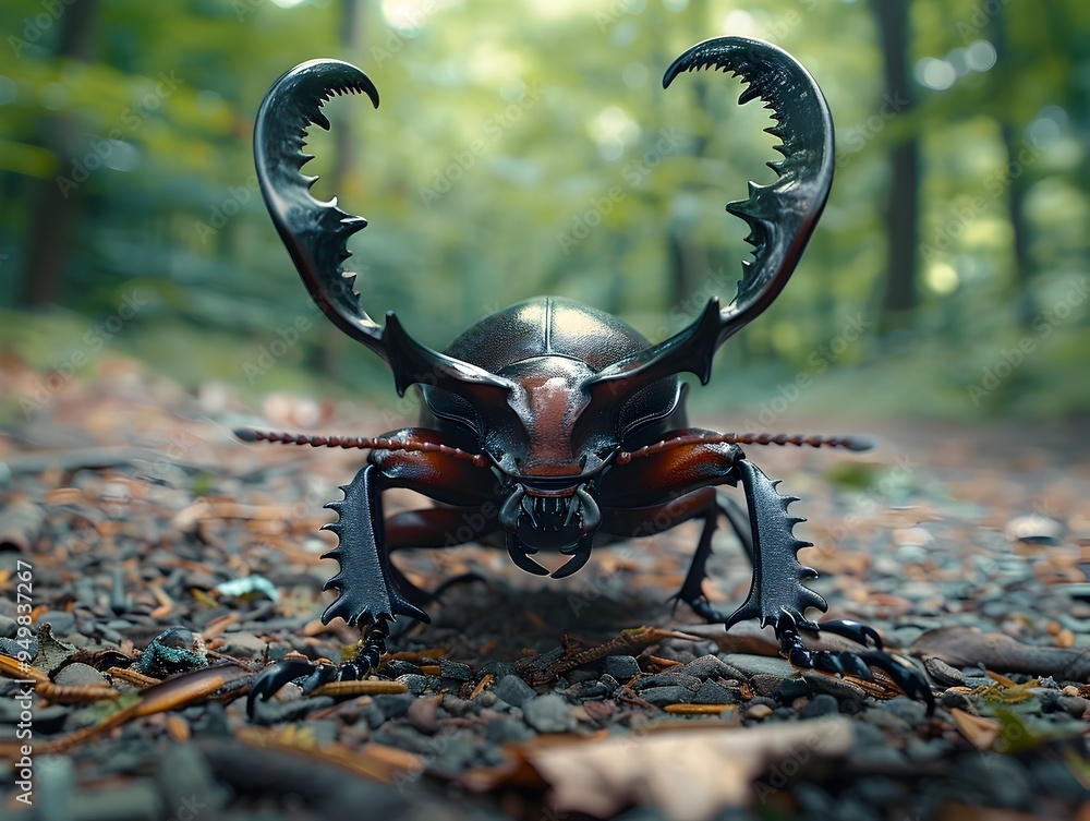Stag Beetle with Large Mandibles Preparing for Territorial Battle on ...