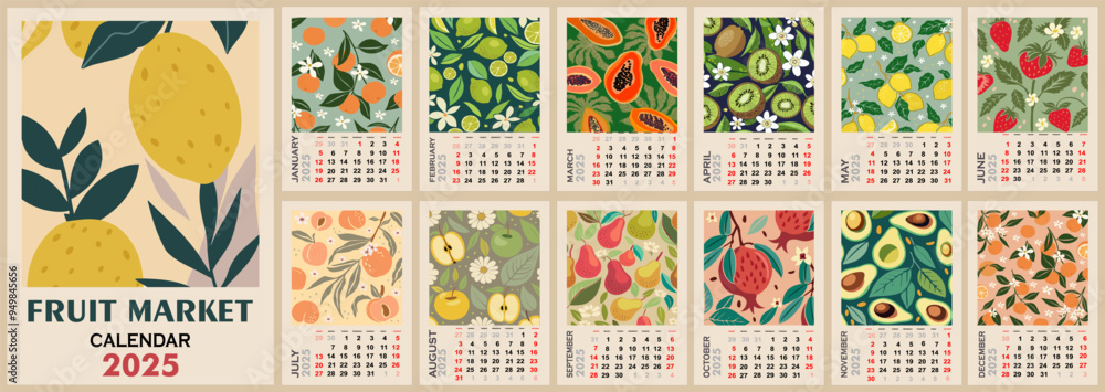 Fruit calendar template for 2025 . Vertical design with fruit Market ...