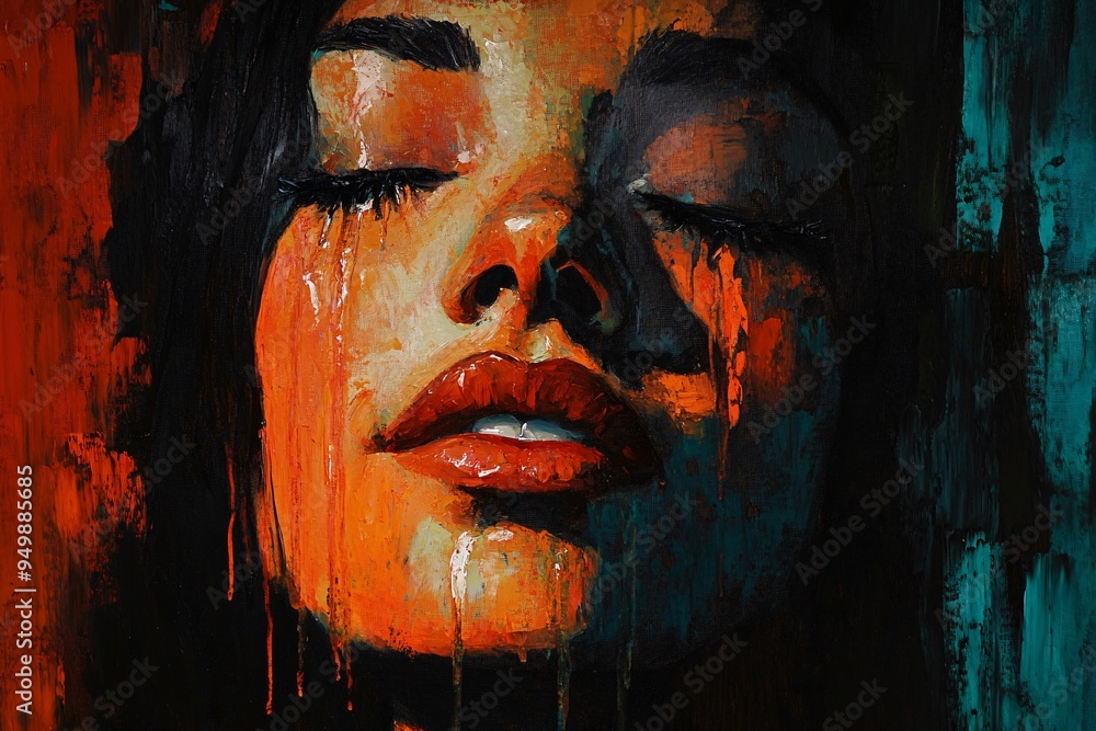 Emotional Oil Painting of a Woman's Face with Tears and Closed Eyes in ...