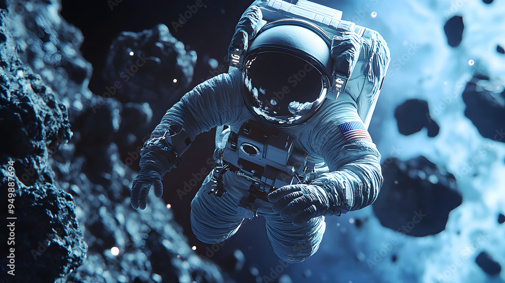 Astronaut at spacewalk, space exploration. Human explore the universe ...