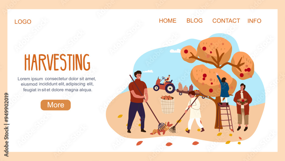 Landing page harvesting, vegetables, fruits. Vector illustration hand ...