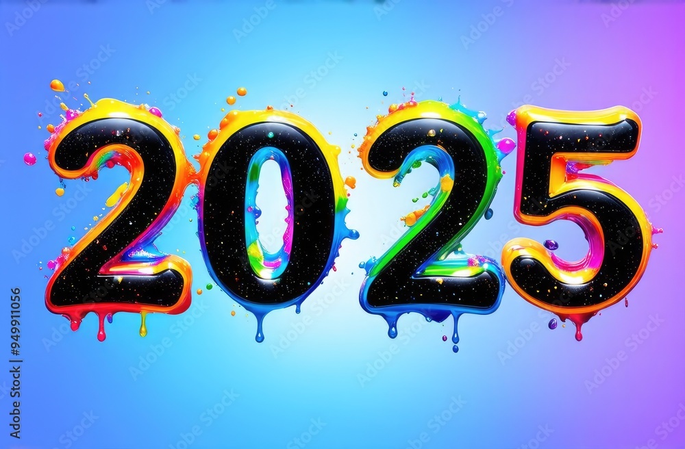 number 2025 written in vibrant paint splashes and droplets on colorful ...