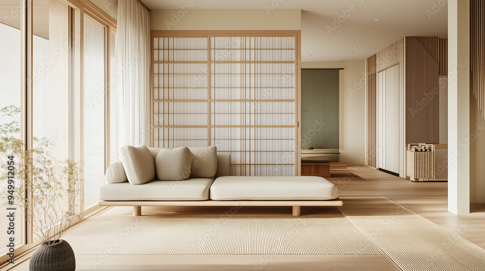 A Japandi-style living space with a light wood floor, simple fabric ...