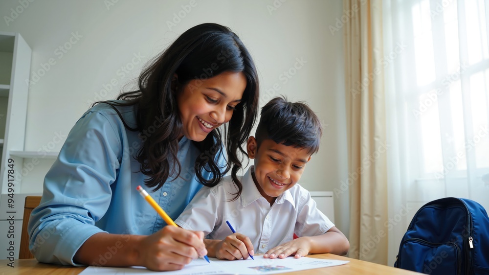 Happy Indian Family Moment: Mother Helps Son with School Assignments ...