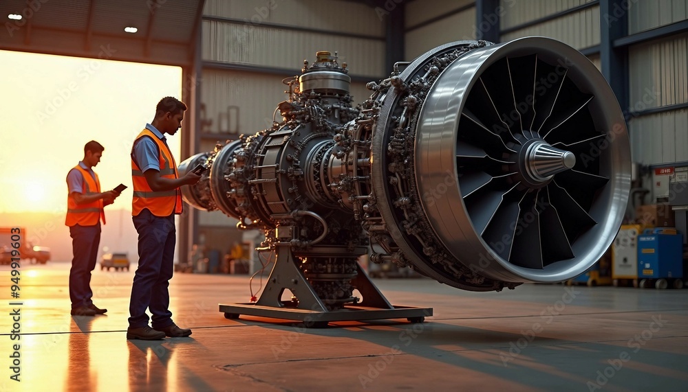 A detailed side view of an advanced jet engine in a bright, organized ...