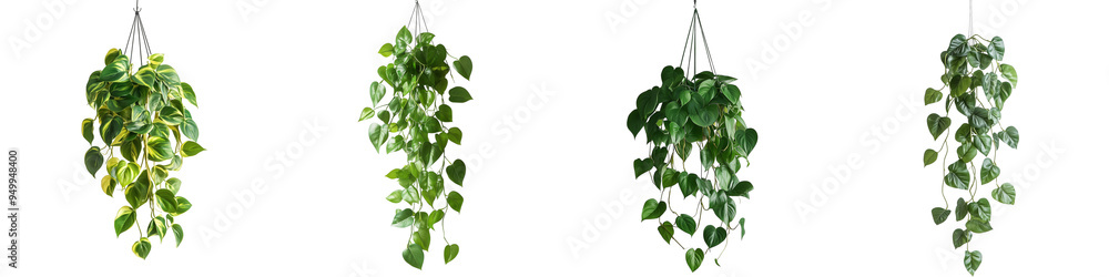 Set of a hanging plant, leaves of the Philodendron pathos family ...
