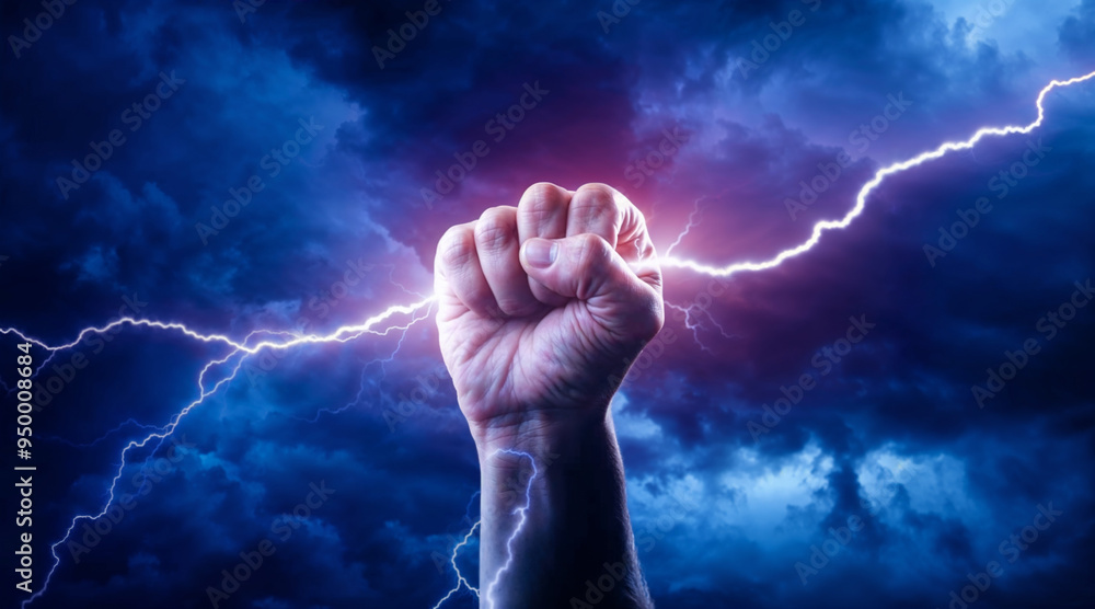 Raised fist holding up a lightning bolt. Stormy dark cloudy background ...