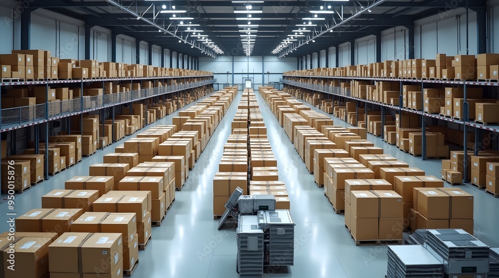 Modern Industrial Warehouse with High Ceilings, Shelving Units, and ...