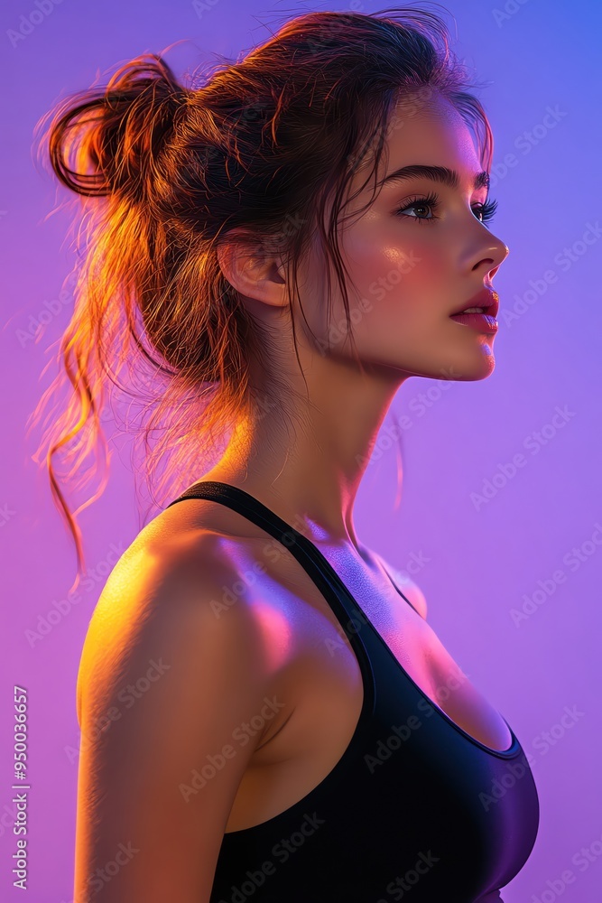 Fit woman showing toned abs, side profile, purple background, dramatic ...