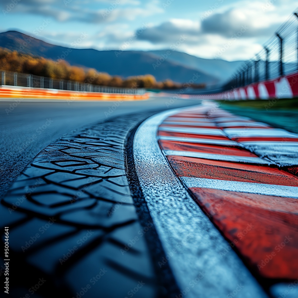 Sharp turn on a racetrack road, with tire barriers and safety walls on ...