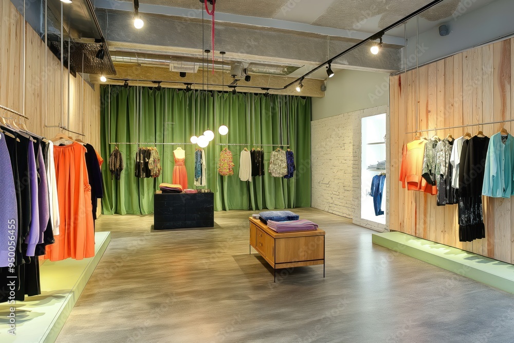 Fashion clothing store interior with clothes racks, hangers. Colourful ...