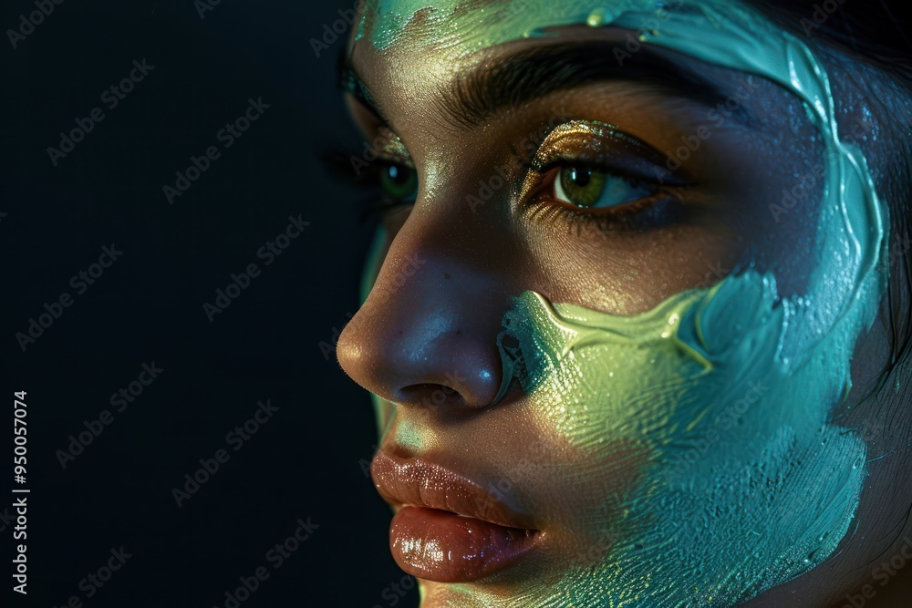 Arabic model woman applies green face mask in beauty studio with dark ...