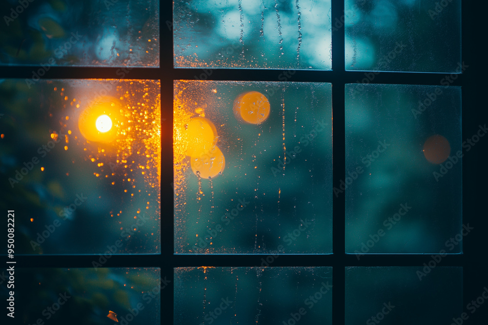 Selective glass of window with raining view and bokeh light from ...