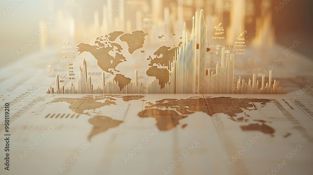 A world map with a golden bar chart symbolizes global business growth ...