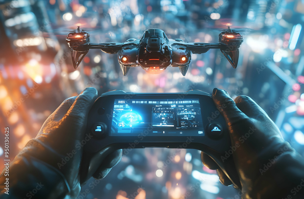 Gamepad navigating a futuristic flying robot in a 3D-rendered video ...
