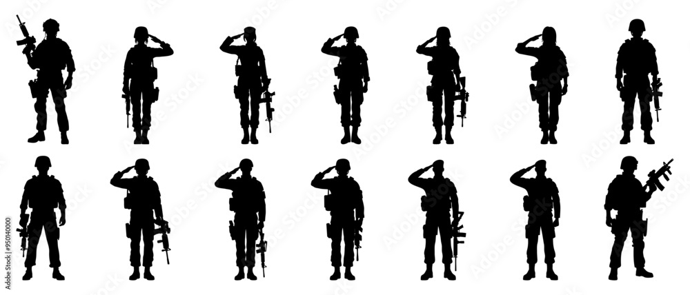 Male and female army soldier silhouette of saluting isolated on white ...