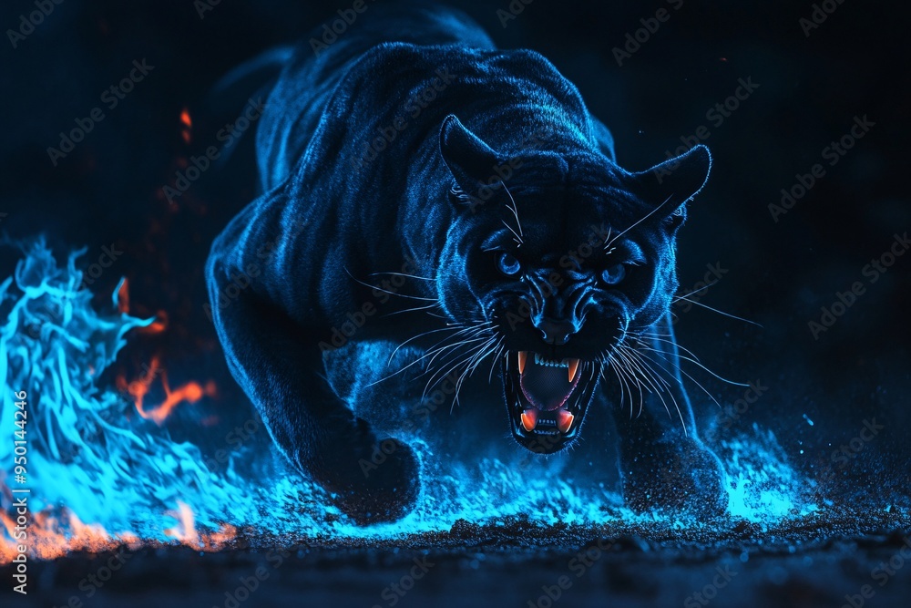 Angry black pnther with open mouth and fiery mane, Glowing yellow eyes ...