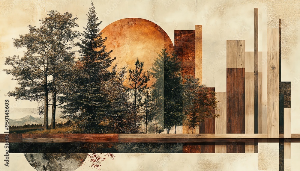Generate an abstract collage blending the peaceful forest meadow ...