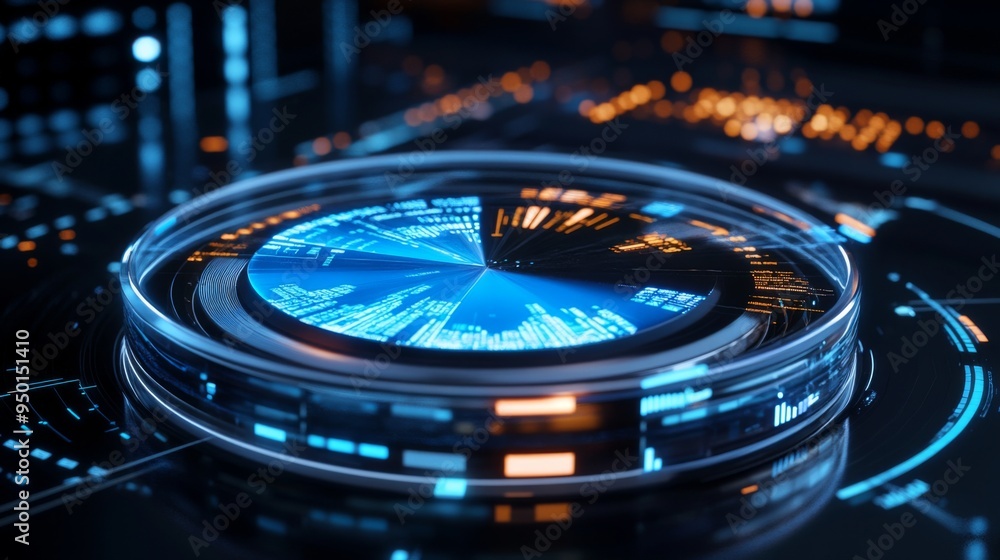 A futuristic 3D pie chart made of glass-like materials, with each ...