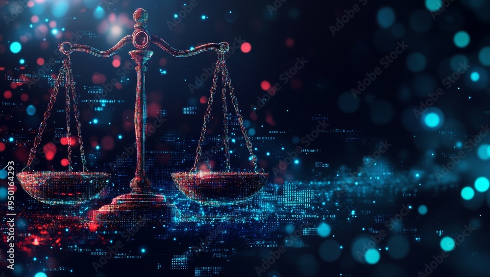 A law scale on a data center background. Duality of the Judiciary ...