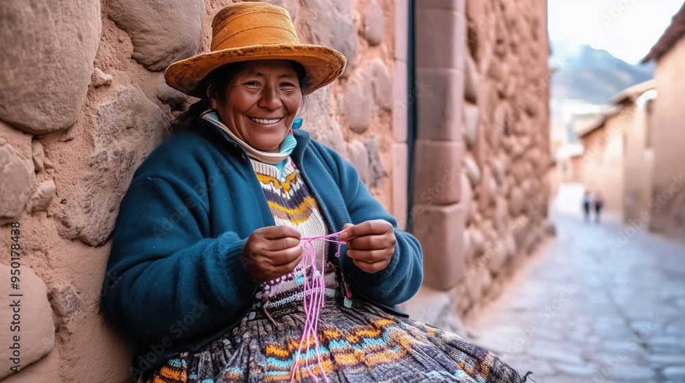 Happy native woman from Cusco wearing traditional clothing and a hat ...