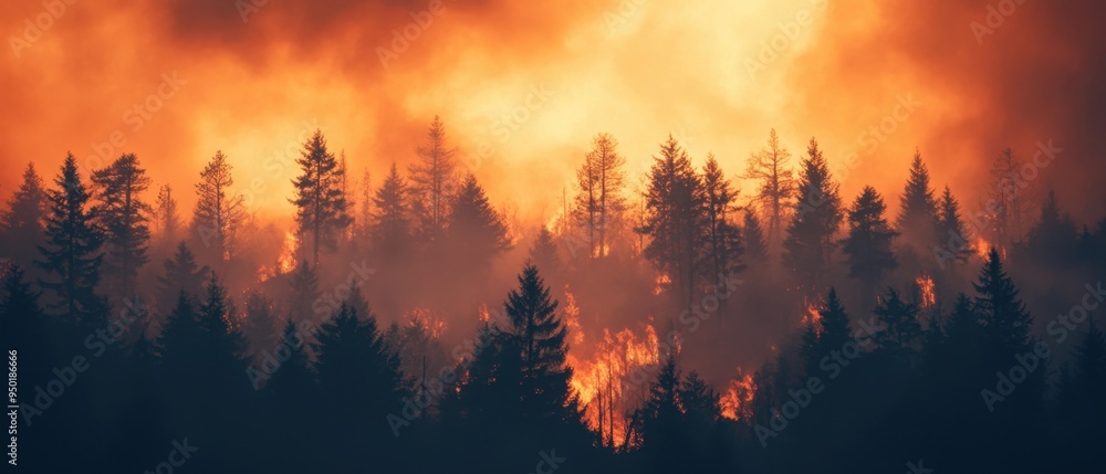 Wildfires sweeping through a dense forest with thick smoke charred ...