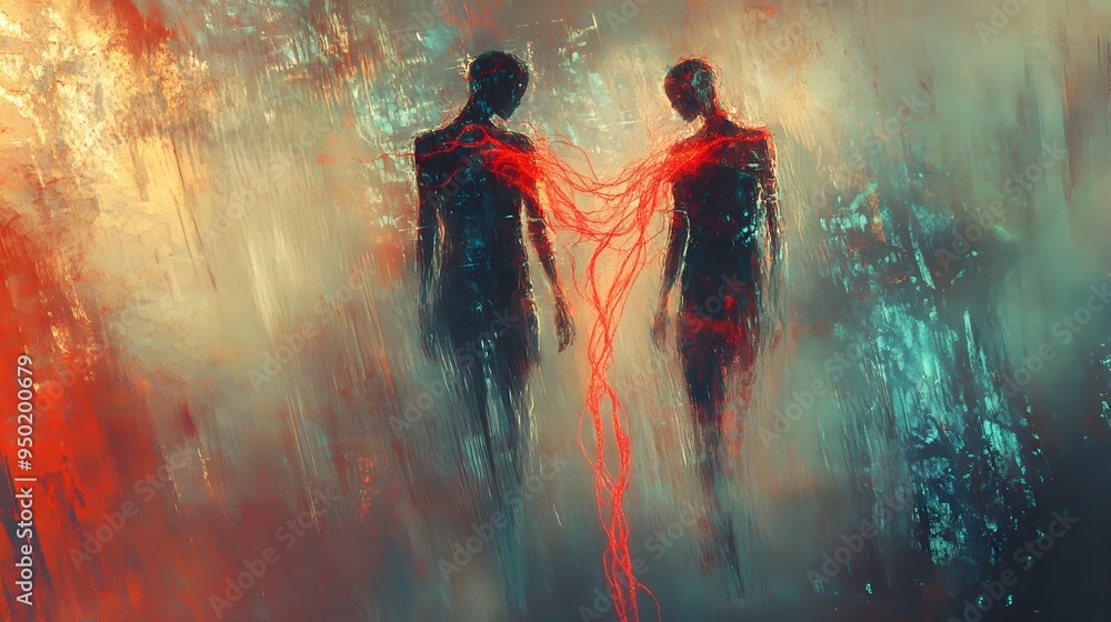 Quantum Entanglement Two Ethereal Figures Bound by the Glowing Red ...