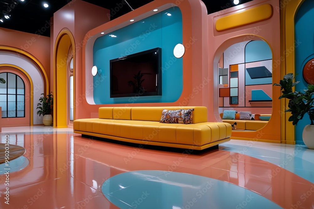 80s style TV show set with pastel colors and abstract designs ...