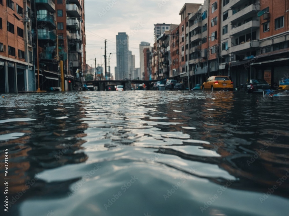 The image shows a flooded city with buildings half-submerged in water ...