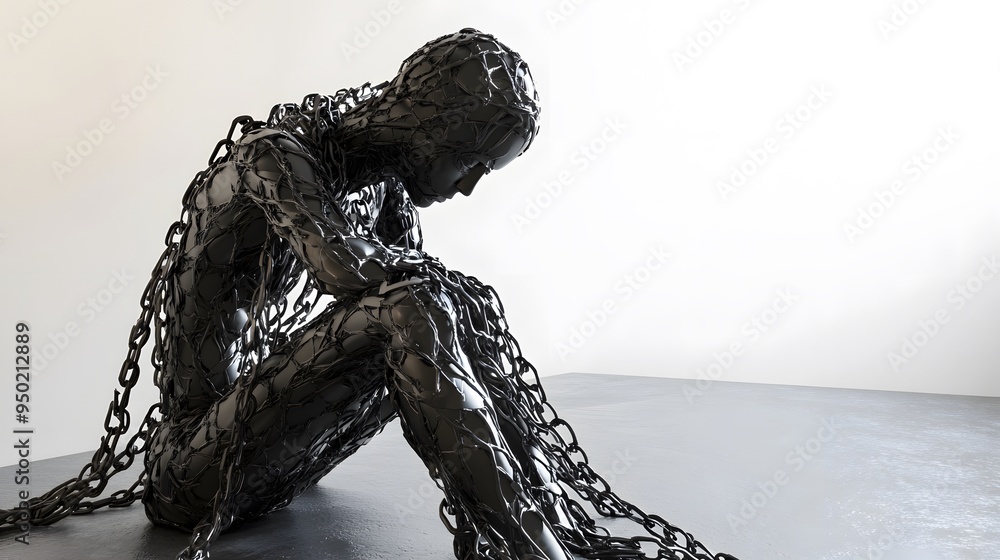 Bound by Despair: A stark sculpture of a human figure, shackled in ...
