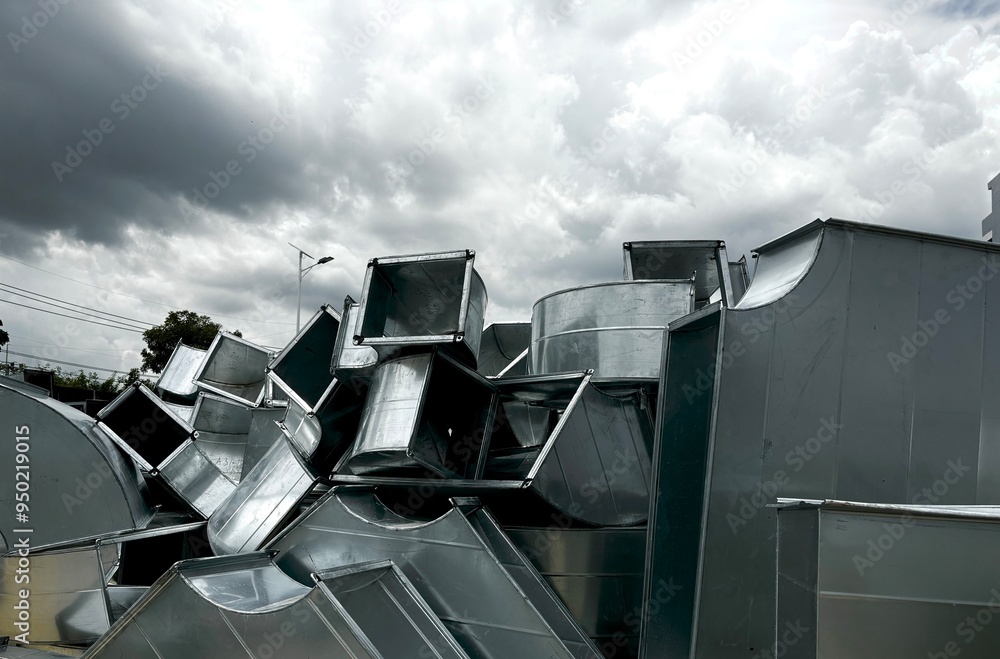 Sheet metal spiral duct in industrial manufacturing warehouse ...