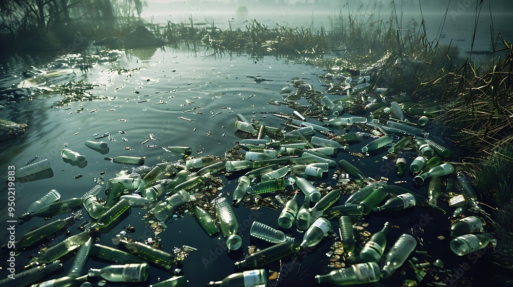 Polluted lake filled with plastic bottles, symbolizing environmental ...