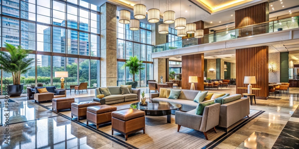 Busy hotel lobby with modern furniture and large windows, hotel, lobby ...