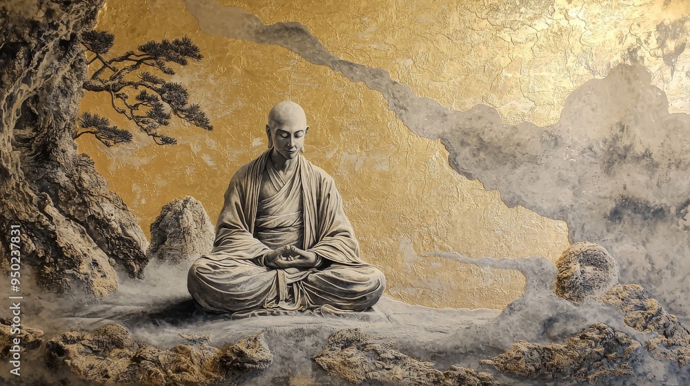 Stucco mural of the Sand Monk meditating in a golden cave, with grey ...