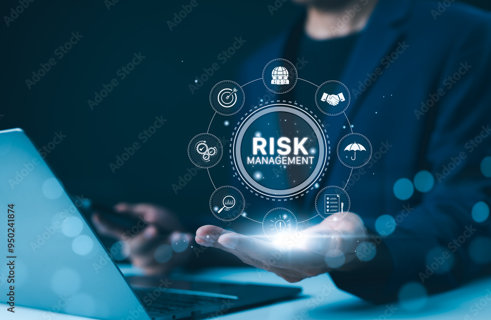 Corporate risk management strategy concept. Businessman showing virtual ...