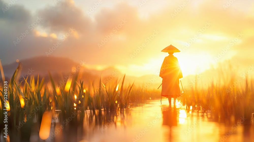 Lone Samurai Warrior Standing in Flooded Rice Paddy Field at Golden ...