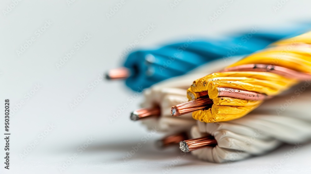 Different types of copper electrical wires isolated on a white ...