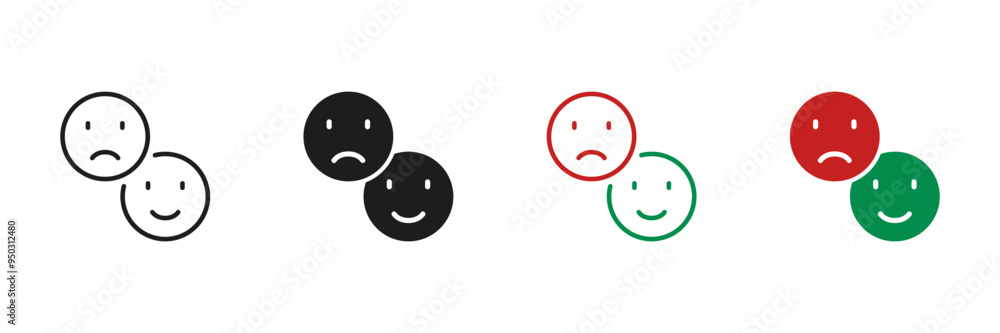 Happy Smile and Sad Face Line and Silhouette Icon Set. Negative and ...