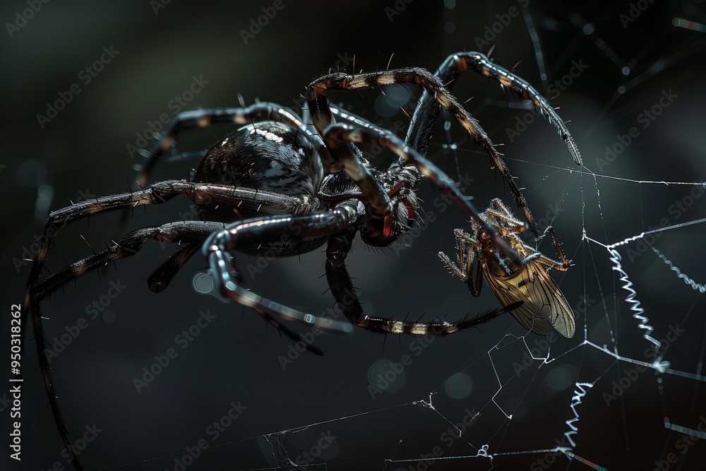spider capturing prey, detailed close up of a black widow spider ...