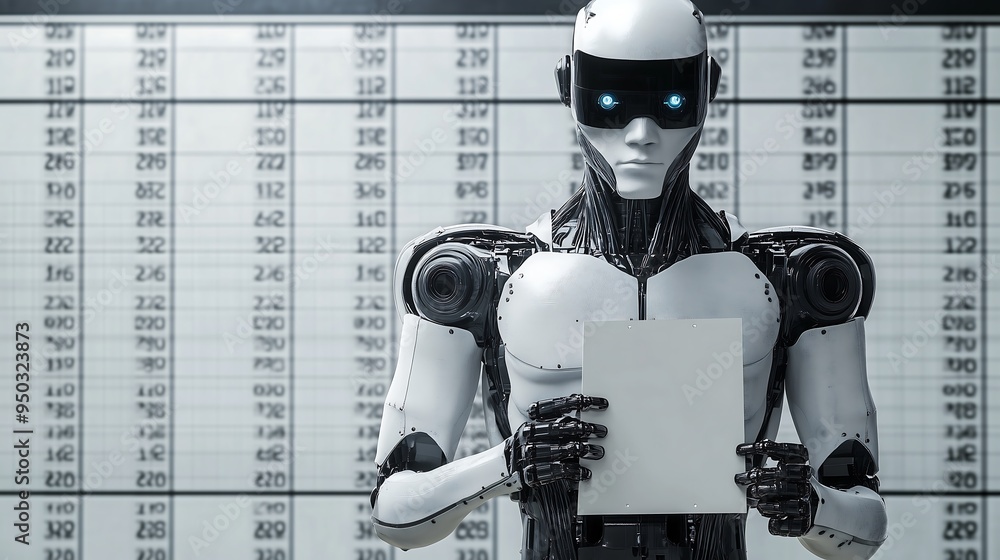 A mugshot-style image of a robotic prisoner standing while holding a ...