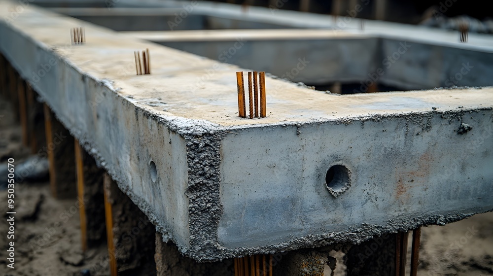 Cured concrete beams with exposed rebar ends ready for the next phase ...