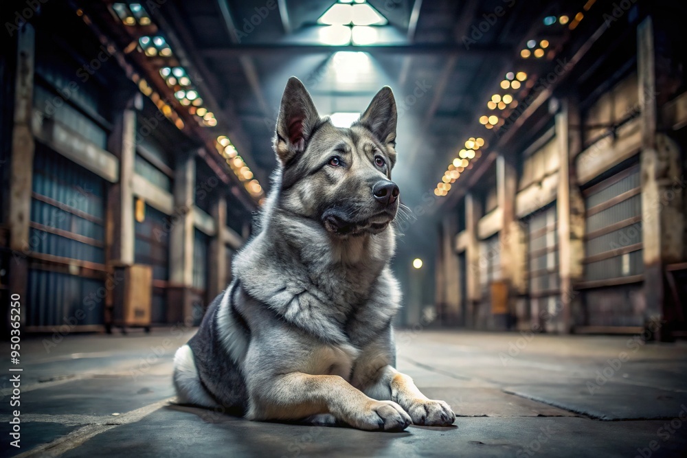 In the dimly lit warehouse, the worn-out Norwegian Elkhound's long ...