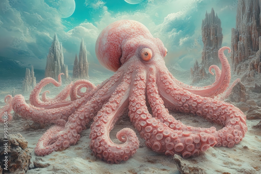 surreal digital artwork depicting colossal pink octopuses exploring a ...