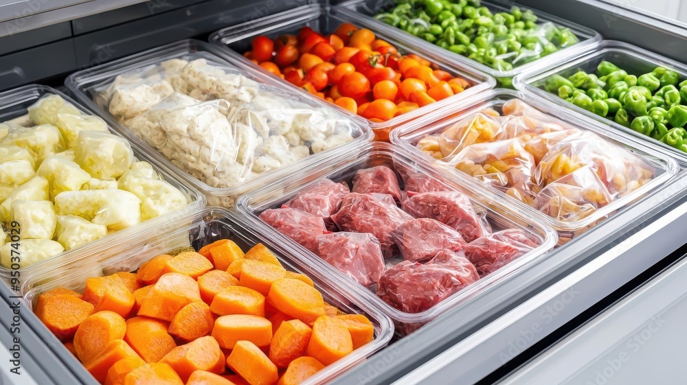 Freezer compartment filled with various frozen food bags, Efficient ...
