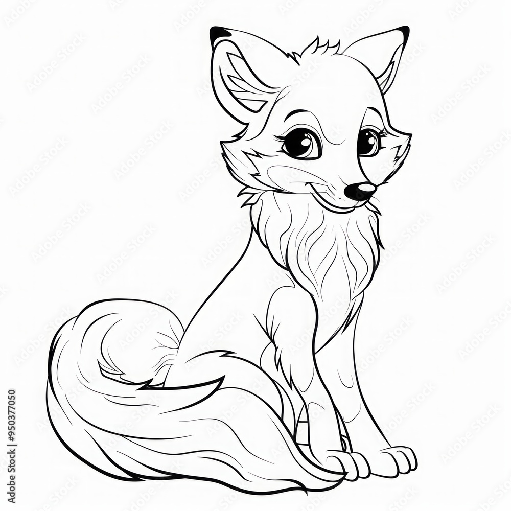 Cute fox sitting and looking forward. Black and white line art ...