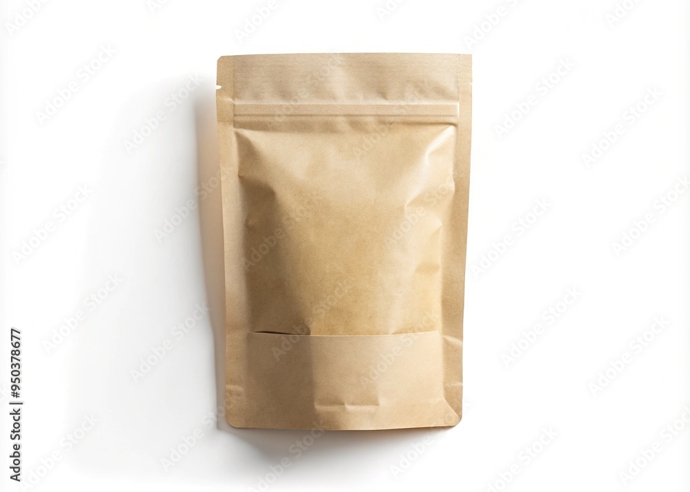 Isolated beige paper pouch with a transparent window, laying flat on a ...