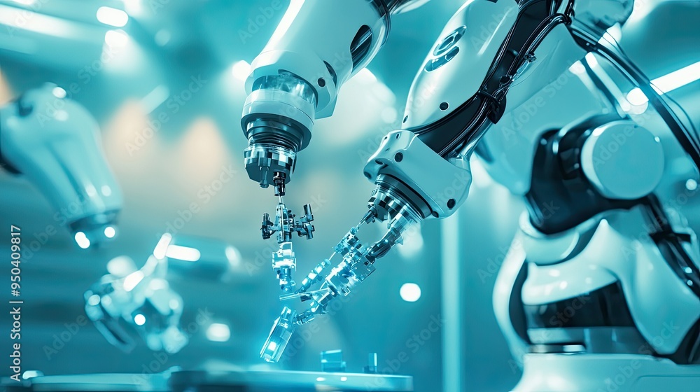 Futuristic robotic arm conducting a precision experiment, manipulating ...