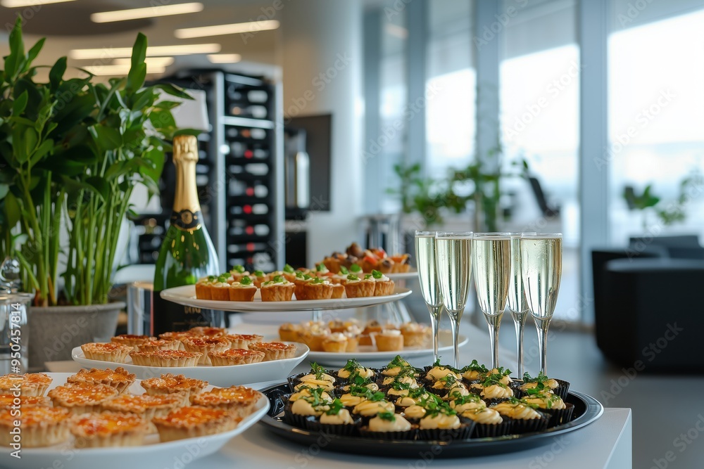 Catering setup in a modern office interior with tables featuring ...
