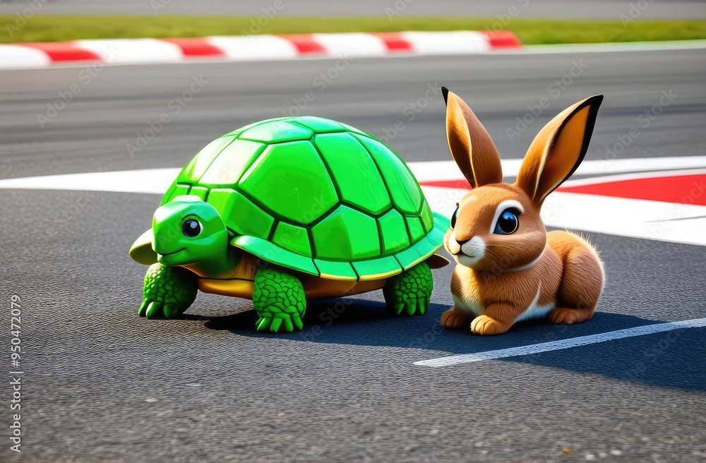fast bunny versus slow turtle at racing track of stadium, cute tale ...